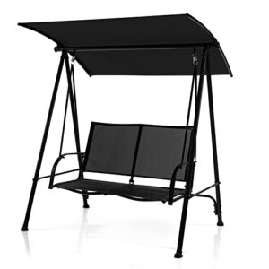 tangkula 2 person porch swing, patio swing with adjustable canopy, comfortable fabric seat & heavy-duty steel frame, outdoor canopy swing for patio, garden, poolside (black)