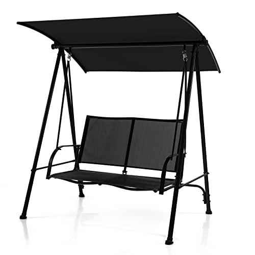 Tangkula 2 Person Porch Swing, Patio Swing with Adjustable Canopy, Comfortable Fabric Seat & Heavy-Duty Steel Frame, Outdoor Canopy Swing for Patio, Garden, Poolside (Black)