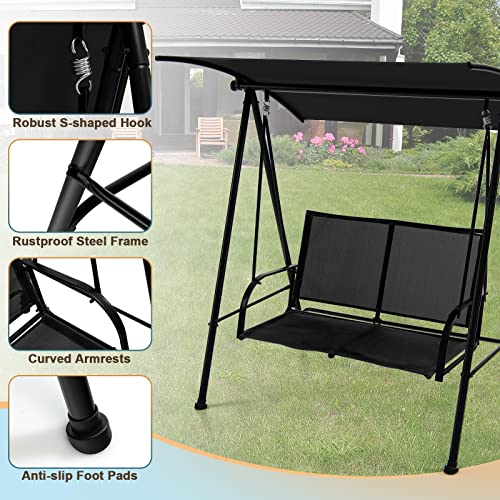 Tangkula 2 Person Porch Swing, Patio Swing with Adjustable Canopy, Comfortable Fabric Seat & Heavy-Duty Steel Frame, Outdoor Canopy Swing for Patio, Garden, Poolside (Black)