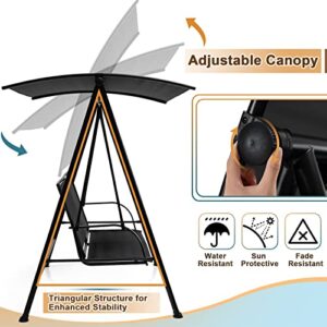 Tangkula 2 Person Porch Swing, Patio Swing with Adjustable Canopy, Comfortable Fabric Seat & Heavy-Duty Steel Frame, Outdoor Canopy Swing for Patio, Garden, Poolside (Black)