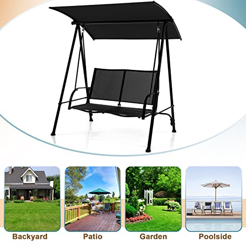 Tangkula 2 Person Porch Swing, Patio Swing with Adjustable Canopy, Comfortable Fabric Seat & Heavy-Duty Steel Frame, Outdoor Canopy Swing for Patio, Garden, Poolside (Black)