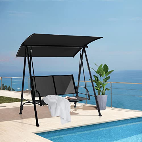 Tangkula 2 Person Porch Swing, Patio Swing with Adjustable Canopy, Comfortable Fabric Seat & Heavy-Duty Steel Frame, Outdoor Canopy Swing for Patio, Garden, Poolside (Black)