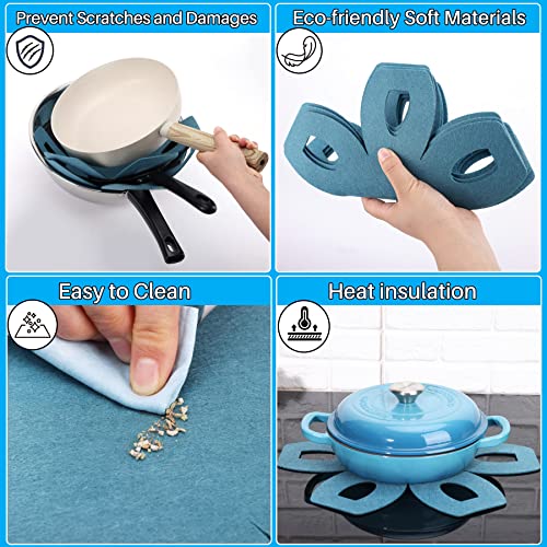 MUAKIOY Pot and Pan Protectors, Set of 20 and 4 Different Size, Max 15"D, High-Density Felt Pads Cookware Separators Dividers Anti-Slip to Avoid Scratching or Marring When Stacking, Teal