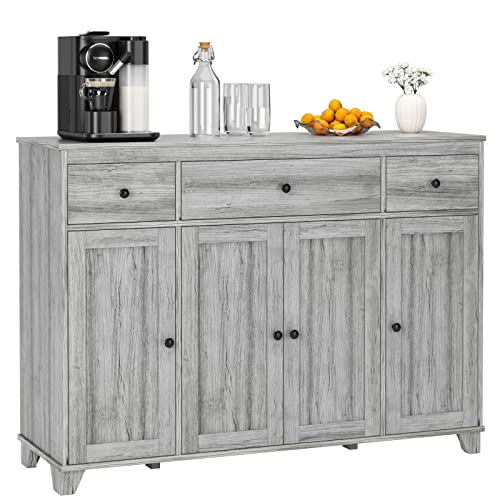 HIFIT Buffet Cabinet Farmhouse Sideboards and Buffets with 3 Storage Drawers & 4 Doors Adjustable Shelves, Rustic 47" Coffee Bar Cabinet, Storage Cabinet Console Table for Kitchen Dining Living Room