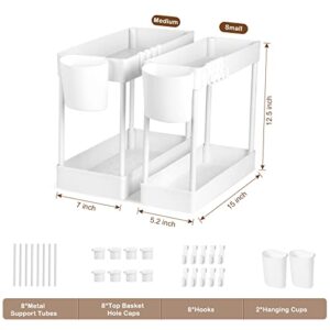 SageCapri 2 Pack Under Sink Organizer, 2 Tier Under Kitchen Bathroom Sink Storage with Hooks & Haning Cups, Multi-Purpose Cabinet Organization Basket Storage Shelf for Restroom Bedroom Living room, White