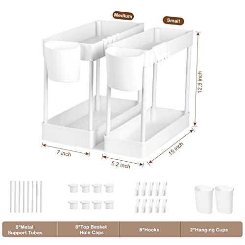 SageCapri 2 Pack Under Sink Organizer, 2 Tier Under Kitchen Bathroom Sink Storage with Hooks & Haning Cups, Multi-Purpose Cabinet Organization Basket Storage Shelf for Restroom Bedroom Living room, White