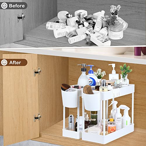 SageCapri 2 Pack Under Sink Organizer, 2 Tier Under Kitchen Bathroom Sink Storage with Hooks & Haning Cups, Multi-Purpose Cabinet Organization Basket Storage Shelf for Restroom Bedroom Living room, White