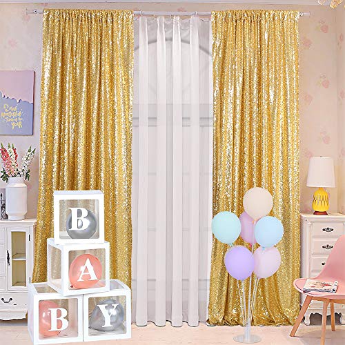 Blxsif Gold Sequin Backdrop Curtains - 4 Panels 2.5x8FT Glitter Gold Photo Backdrop Party Wedding Baby Shower Curtain Sparkle Photography Background