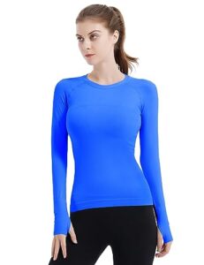 mathcat workout shirts for women,long sleeve athletic shirt women seamless workout tops for women, yoga compression shirt lakeblue