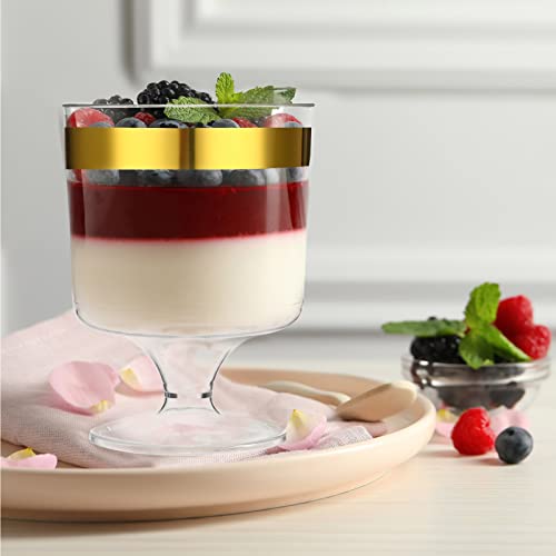 200 Pcs Mini Dessert Cups with Spoons Include 100 Pcs 5 oz Disposable Plastic Mousse Cups with Gold Rim 100 Pcs Gold Tasting Spoons Clear Plastic Parfait Glasses Dessert Bowls for Wedding Party