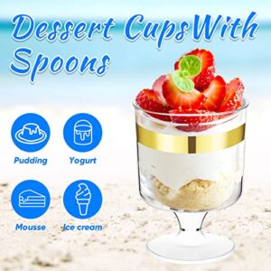 200 Pcs Mini Dessert Cups with Spoons Include 100 Pcs 5 oz Disposable Plastic Mousse Cups with Gold Rim 100 Pcs Gold Tasting Spoons Clear Plastic Parfait Glasses Dessert Bowls for Wedding Party