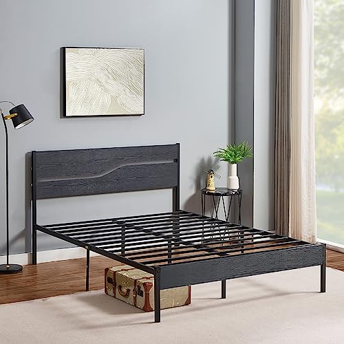 VECELO Full Size Platform Bed Frame with Wood Headboard, Strong Metal Slats Support Mattress Foundation, No Box Spring Needed