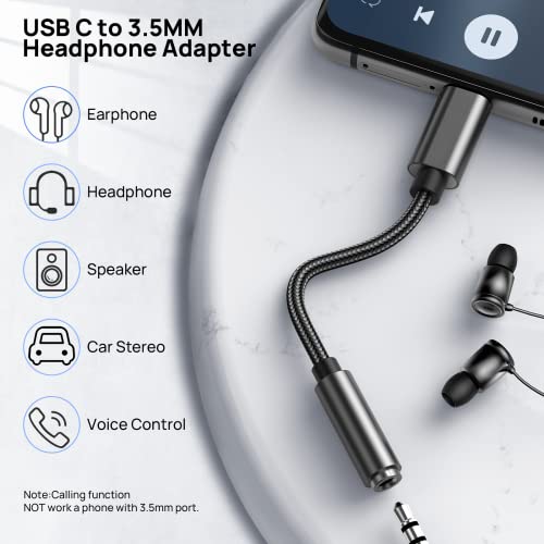 USB C to 3.5mm Headphone Jack Adapter,Type C to Earbuds Earphones HiFi 32Bit/384KHz Aux Audio Adapter Compatible with Samsung Galaxy A53 A33 S23 S22 S21,Pixel 7/6,Black