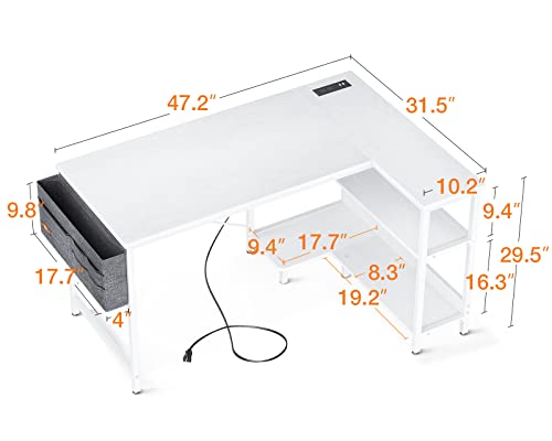 ODK 48 Inch Small L Shaped Gaming White Computer Desk with Power Outlets, Corner Desk with Reversible Storage Shelves & PC Stand for Small Space Home Office, Modern Simple Writing Table, White