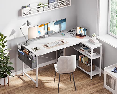 ODK 48 Inch Small L Shaped Gaming White Computer Desk with Power Outlets, Corner Desk with Reversible Storage Shelves & PC Stand for Small Space Home Office, Modern Simple Writing Table, White