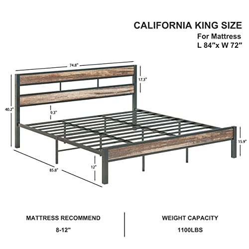 LIKIMIO California King Bed Frames, Easy Assembly, Noise-Free, No Box Spring Needed, Heavy Strong Metal Support Frames, Cal King/Rustic Brown