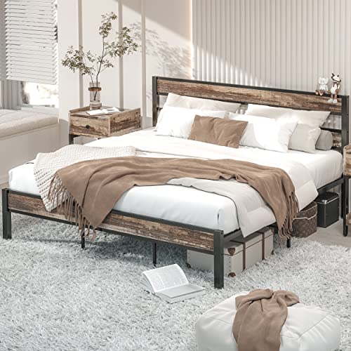 LIKIMIO California King Bed Frames, Easy Assembly, Noise-Free, No Box Spring Needed, Heavy Strong Metal Support Frames, Cal King/Rustic Brown