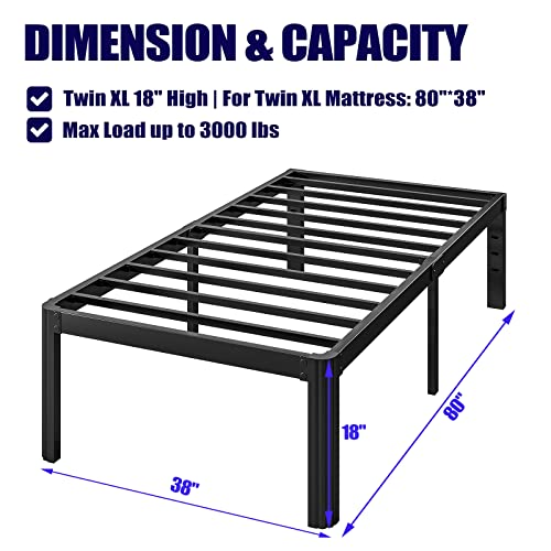 Hunlostten 18in Twin XL Heavy Duty Bed Frame No Box Spring Needed, Tall Metal Twin XL Platform Bed Frame with Round Corners, Easy Assembly, Noise Free, Black