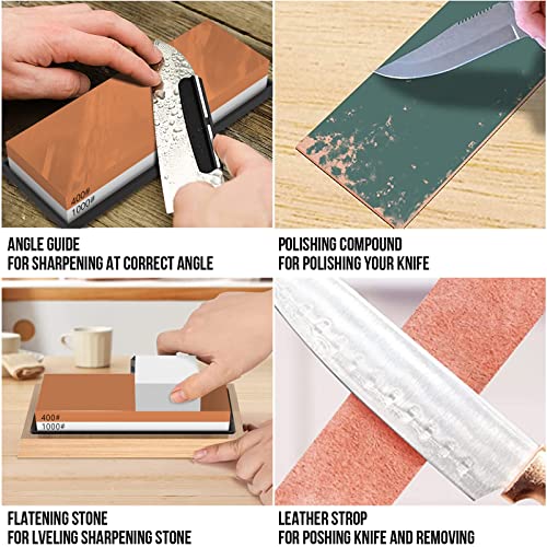 Knife Sharpening Stone Set - XINLINE 4 Side Grit 400/1000 3000/8000 Whetstone Sharpener Stone Kit, Premium kitchen Knife Sharpener, Bamboo Base, Flattening Stone, Angle Guide and Cut Resistant Gloves