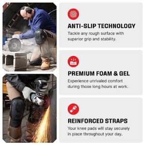 NoCry Professional Construction Knee Pads for Men and Women — Heavy Duty Anti-Slip Cap, Extra Thick Gel & Foam Cushion, Reinforced Adjustable and Elastic Straps, Military Grade Rivets