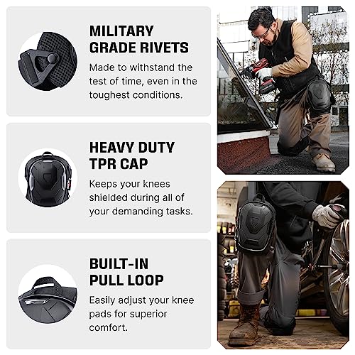 NoCry Professional Construction Knee Pads for Men and Women — Heavy Duty Anti-Slip Cap, Extra Thick Gel & Foam Cushion, Reinforced Adjustable and Elastic Straps, Military Grade Rivets