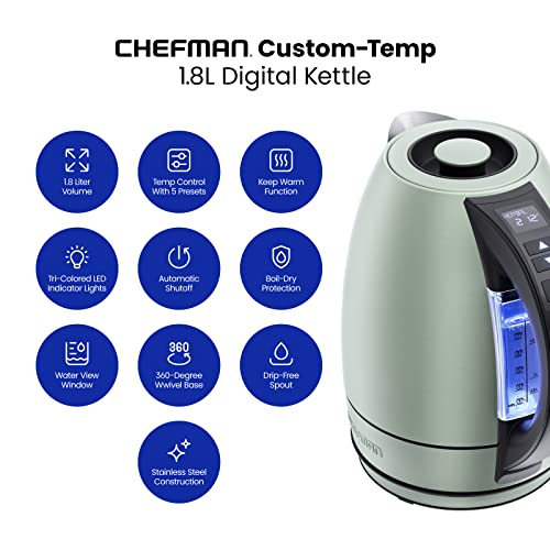 Chefman Electric Tea Kettle, 1.8 Liter Hot Water Electric Kettle Temperature Control Water Boiler with 5 Presets, Tri-Colored LED Lights, Keep Warm, Automatic Shutoff, Green