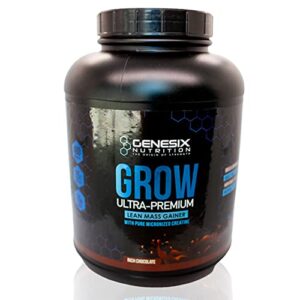 genesix nutrition grow protein powder dietary supplement supporting muscle growth & recovery | pure micronized creatine ultra-premium lean mass gainer | chocolate | 20 servings 5.3kg