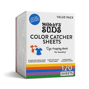 molly’s suds color catchers for laundry - fragrance free color grabber laundry sheets - prevents color runs & maintains clothes original color - plant-based color catcher sheets - 120 sheets