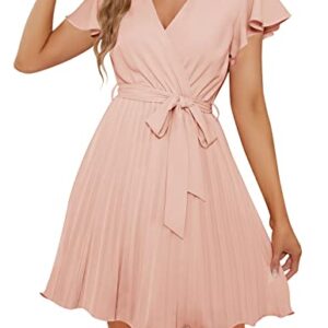 ZESICA Women's Wrap V Neck Mini Dress 2023 Summer Flutter Sleeve Tie Waist Pleated A Line Swing Wedding Party Short Dresses,LightPink,Large