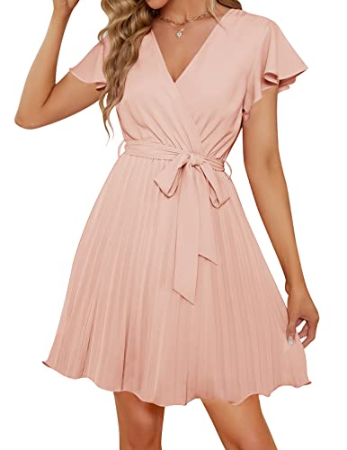 ZESICA Women's Wrap V Neck Mini Dress 2023 Summer Flutter Sleeve Tie Waist Pleated A Line Swing Wedding Party Short Dresses,LightPink,Large