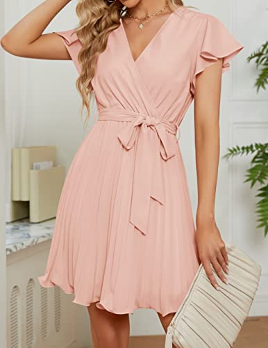 ZESICA Women's Wrap V Neck Mini Dress 2023 Summer Flutter Sleeve Tie Waist Pleated A Line Swing Wedding Party Short Dresses,LightPink,Large