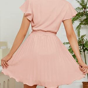 ZESICA Women's Wrap V Neck Mini Dress 2023 Summer Flutter Sleeve Tie Waist Pleated A Line Swing Wedding Party Short Dresses,LightPink,Large