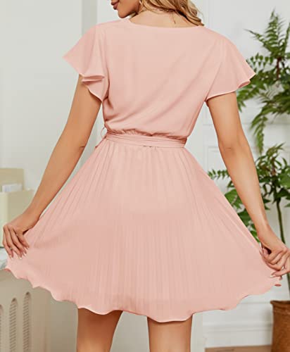 ZESICA Women's Wrap V Neck Mini Dress 2023 Summer Flutter Sleeve Tie Waist Pleated A Line Swing Wedding Party Short Dresses,LightPink,Large