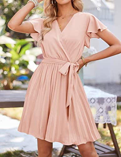 ZESICA Women's Wrap V Neck Mini Dress 2023 Summer Flutter Sleeve Tie Waist Pleated A Line Swing Wedding Party Short Dresses,LightPink,Large