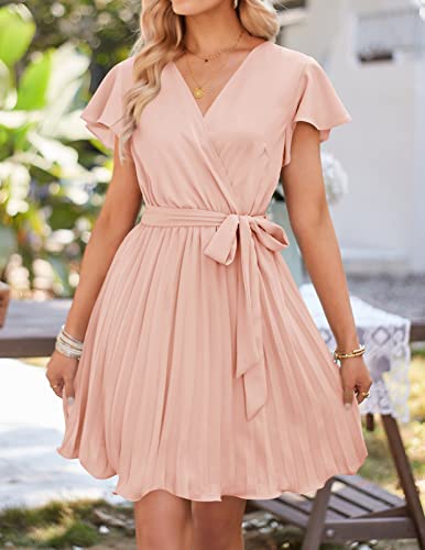 ZESICA Women's Wrap V Neck Mini Dress 2023 Summer Flutter Sleeve Tie Waist Pleated A Line Swing Wedding Party Short Dresses,LightPink,Large