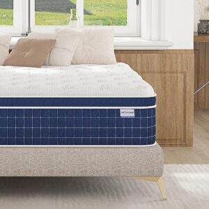 een een sleep full mattress, 12 inch hybrid mattress in a box, full size mattresses made of foam and individual pocketed springs, strong edge support, pressure relief, cool breathable, medium firm