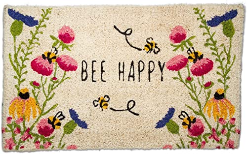 Outory Funny Door Mat Coir Bee Happy Wildflower Door Mat 23.6x15.7 Inch