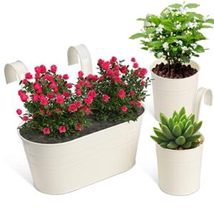 furokoy hanging flower pot 3 pcs for outdoor railing metal balcony plant holder with detachable hooks & drainage vintage bucket flower plant holder railing fence garden home decoration (b-grey white)