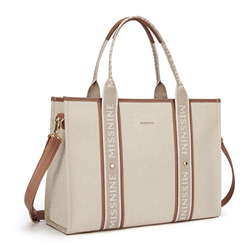 Missnine Tote Bag Canvas Laptop Bag 15.6 inch Briefcase for Women Large Capacity Handbag for Office, College, Travel (Beige+brown)