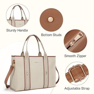 Missnine Tote Bag Canvas Laptop Bag 15.6 inch Briefcase for Women Large Capacity Handbag for Office, College, Travel (Beige+brown)