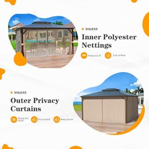 YOLENY 12'x14' Hardtop Gazebo, Outdoor Polycarbonate Double Roof Canopy, Aluminum Frame Permanent Pavilion with Curtains and Netting, Sunshade for Garden, Patio, Lawns