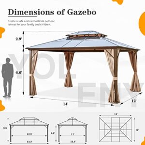 YOLENY 12'x14' Hardtop Gazebo, Outdoor Polycarbonate Double Roof Canopy, Aluminum Frame Permanent Pavilion with Curtains and Netting, Sunshade for Garden, Patio, Lawns