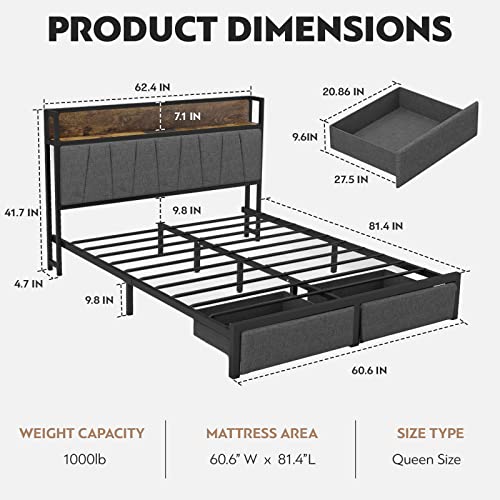 CIKUNASI Queen Size Bed Frame with Headboard and Storage, Drawers Platform Bed Frame with Storage Chargin Station LED Light Bed Frame, Heavy Duty, No Box Spring Needed