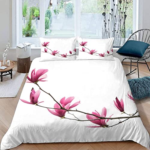 Quilt Cover Twin Size Pink Flower 3D Bedding Sets Magnolia Duvet Cover Breathable Hypoallergenic Stain Wrinkle Resistant Microfiber with Zipper Closure,beding Set with 2 Pillowcase