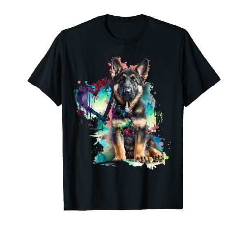 German Shepherd Puppy Mom Lover Watercolor Painting Heart T-Shirt