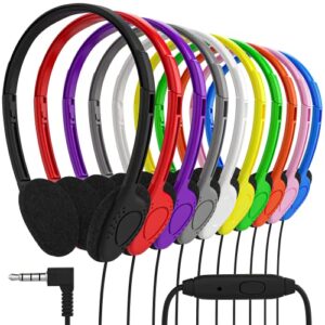 maeline bulk on ear student headphones with microphone for school, library, classroom, airplane, kids online learning and travel, 3.5 mm headphone plug - 10 pack - multi color