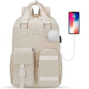 backpack for teens girls, 15.6 inch cute corduroy college school computer bookbag with usb charging port, tsa lightweight soft travel backpack aesthetic purse bag for women nurse teacher work, beige