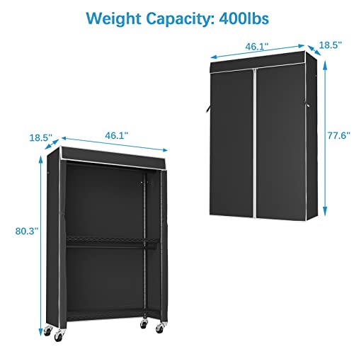 VIPEK V12C Heavy Duty Rolling Garment Rack with Cover Clothing Rack for Hanging Clothes Portable Closets with Adjustable 3 Wire Shelving & Double Rods, Wardrobe on Wheels, Black Rack with Black Cover