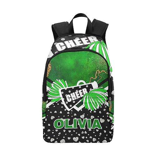 CUXWEOT Personalized Green Cheer Cheerleader Print Backpack with Name Custom Travel Daypack Bag for Man Woman Gifts