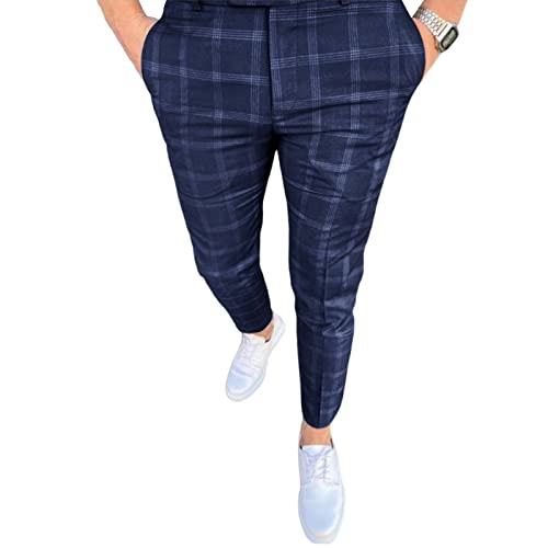 Men's Business Pants Skinny Fit Plaid Flat-Front Stretch Slim Stylish Casual Golf Dress Pants